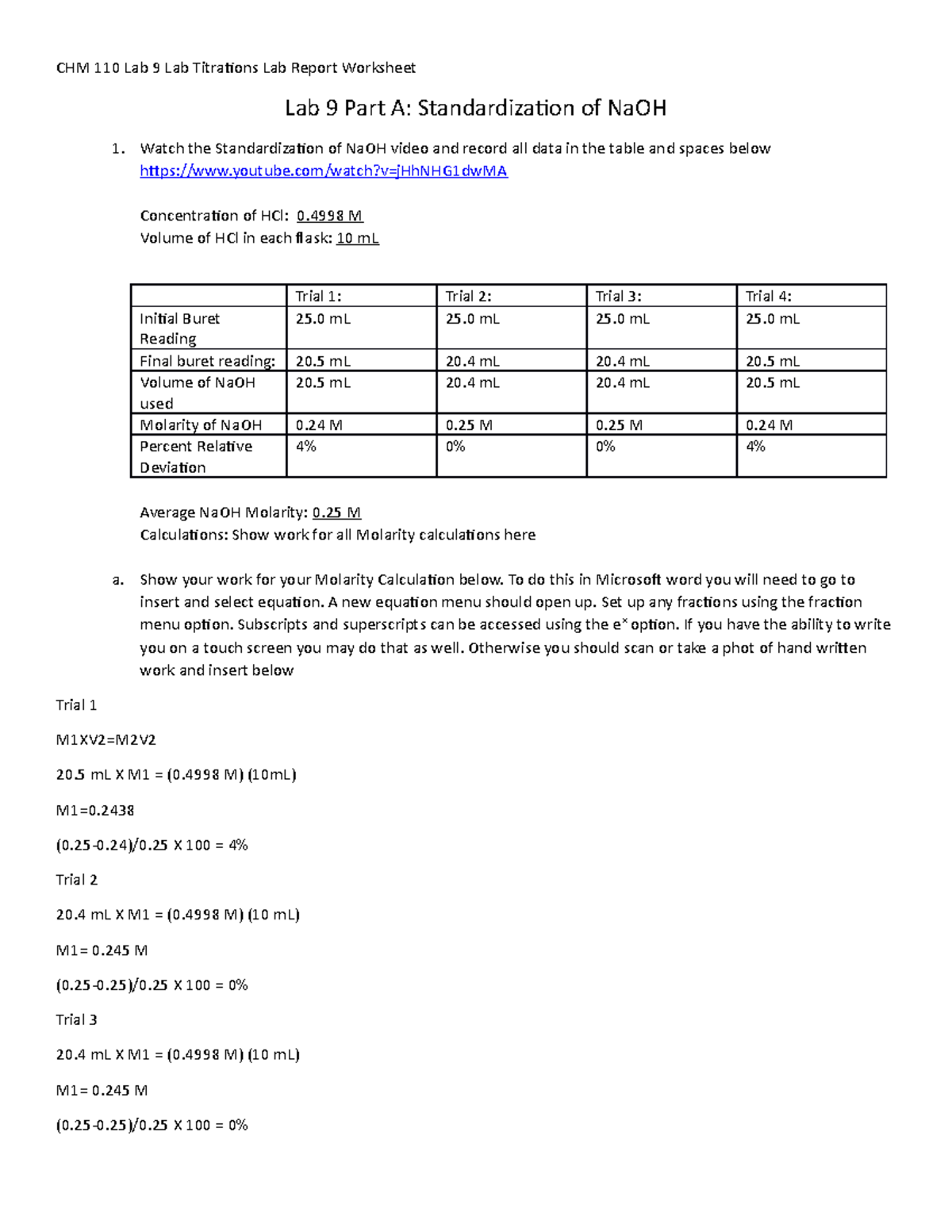 CHM 110 Experiment 9 - CHM 110 Lab 9 Lab Titrations Lab Report Worksheet Lab 9 Part A: - Studocu