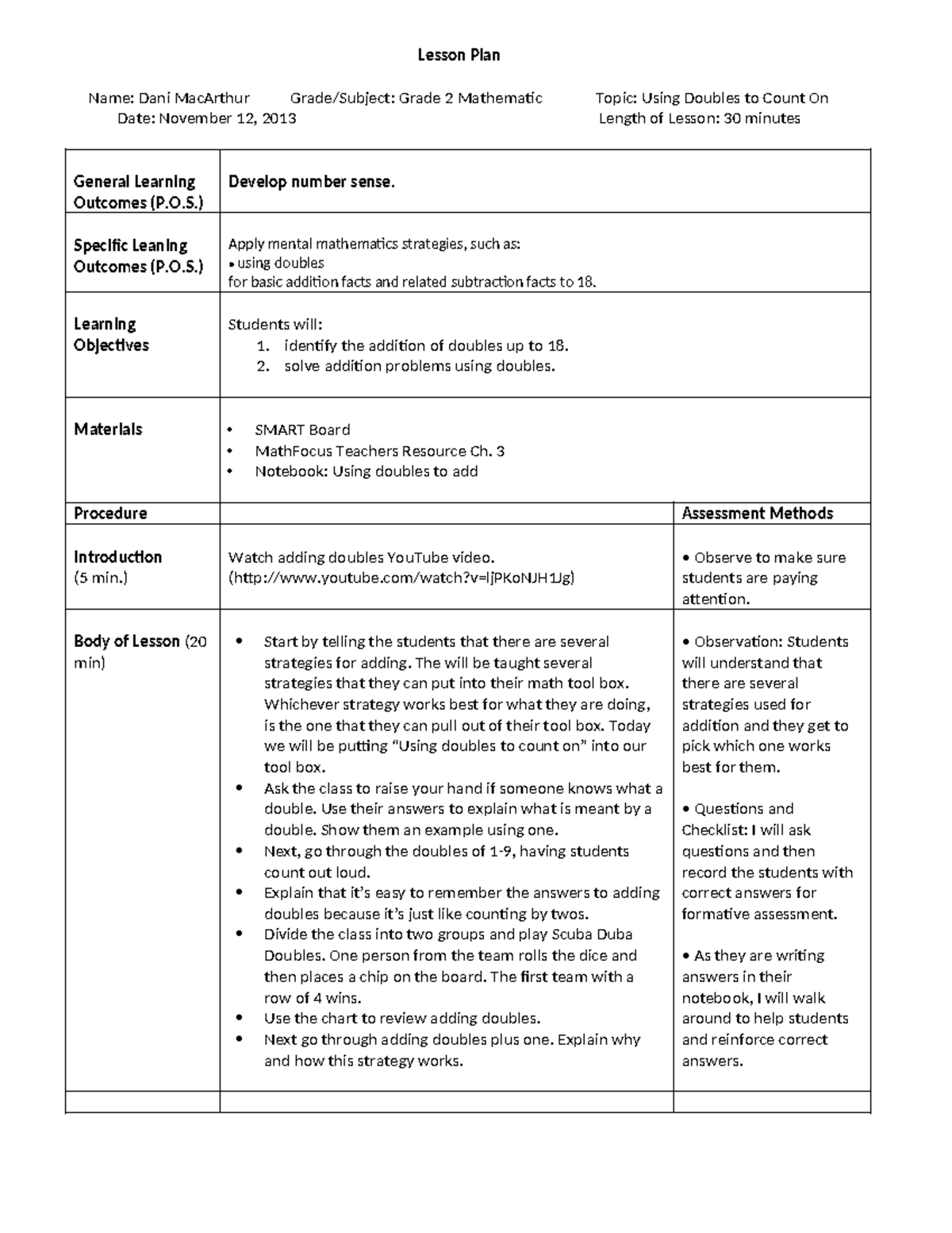 190323055-Grade 2 Math Lesson Plan on Using Doubles for Addition - Studocu