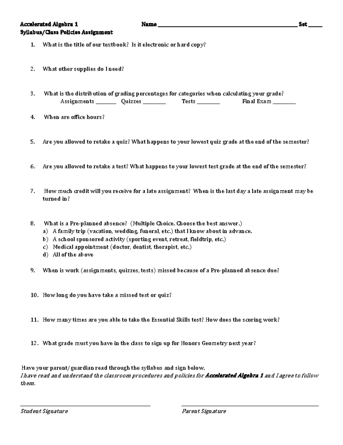 Accelerated Algebra 1 Syllabus & Class Policies Overview - Studocu