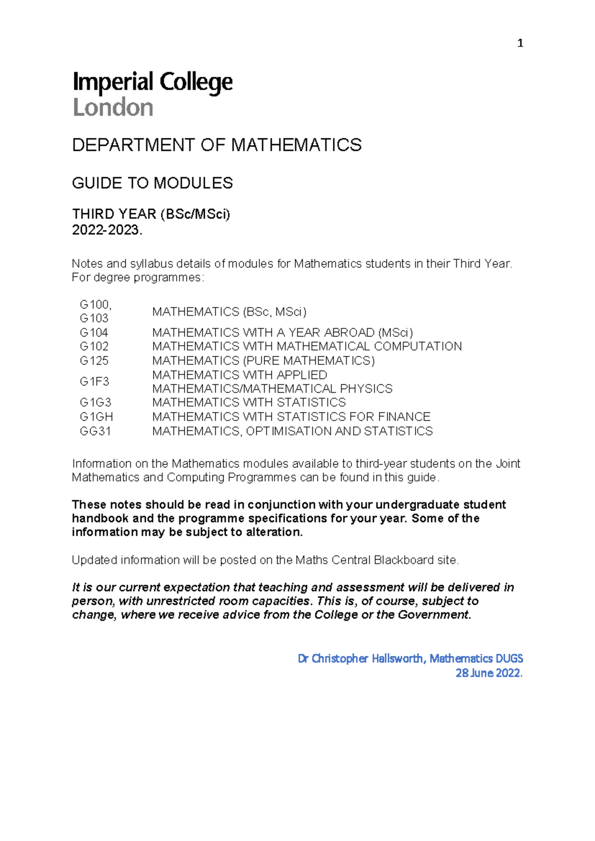 Mathematics Third Year Module Guide 2022-23 (BSc/MSci) - Studocu