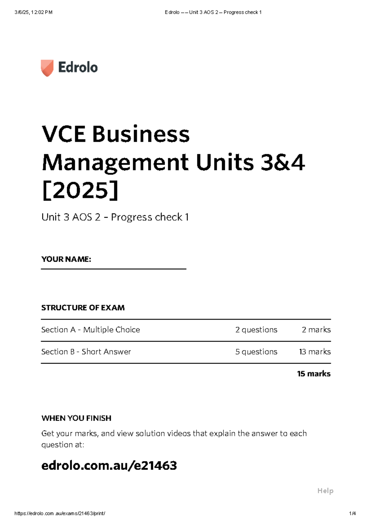 VCE Business Management Unit 3 AOS 2 - Progress Check 1 Guide - Studocu