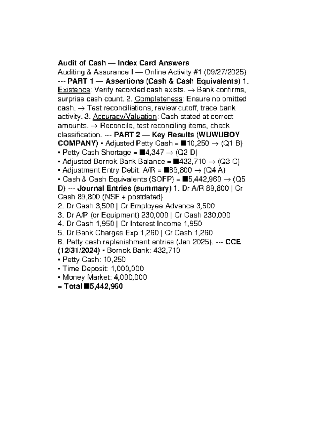 Audit of Cash Index Card Answers - Auditing Assurance I Activity - Studocu