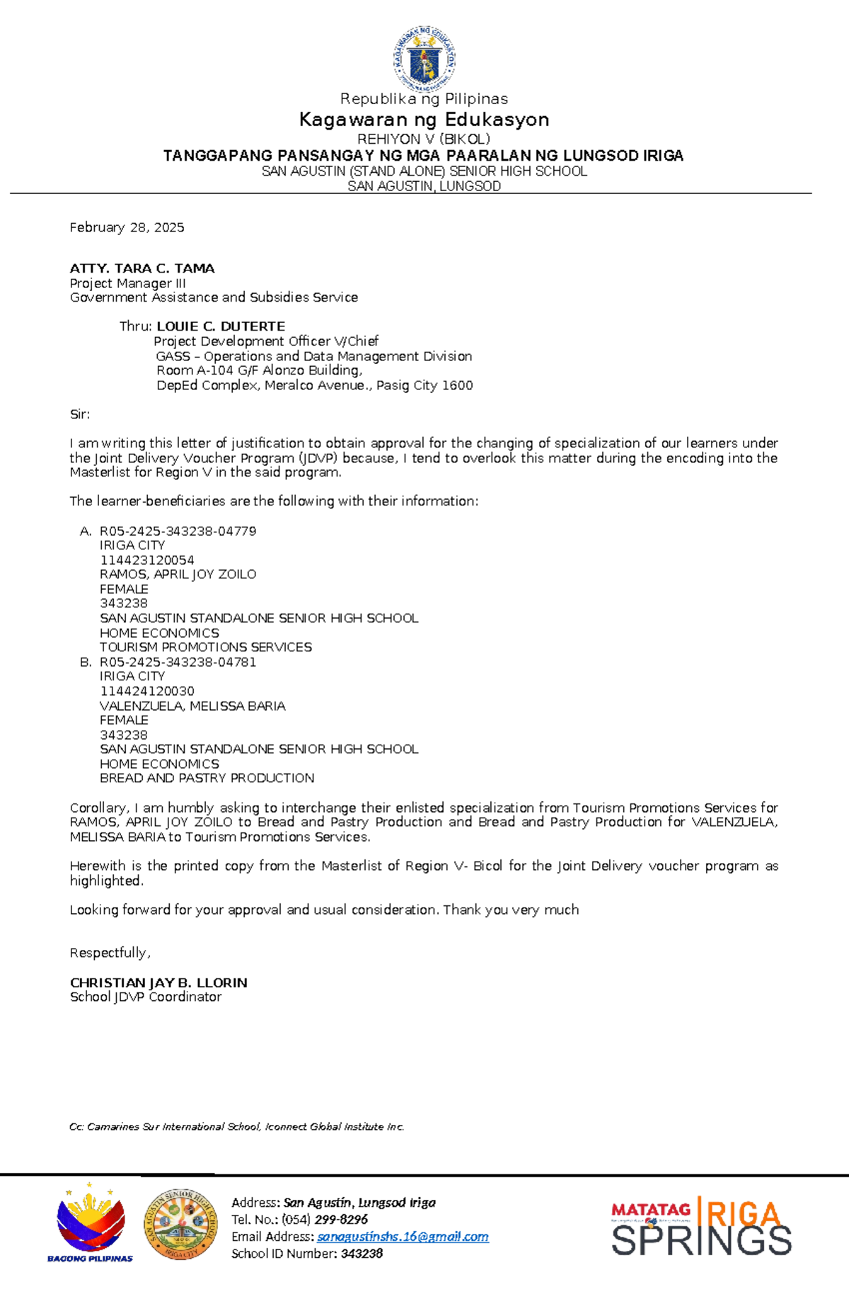 Justification Letter for JDVP Specialization Change Request - Studocu