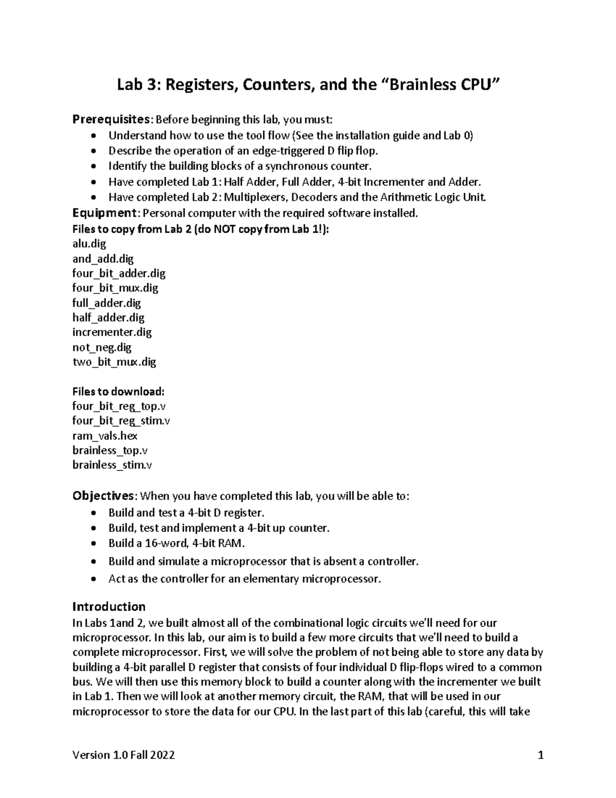 Lab 3 Manual - Lab 3: Registers, Counters, and the “Brainless CPU ...