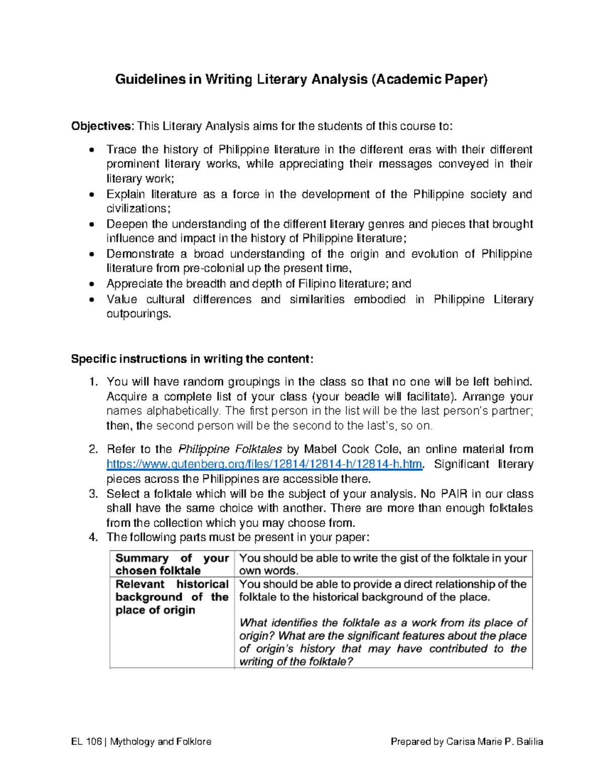 EL 106 Guidelines for Writing Literary Analysis Papers - Studocu