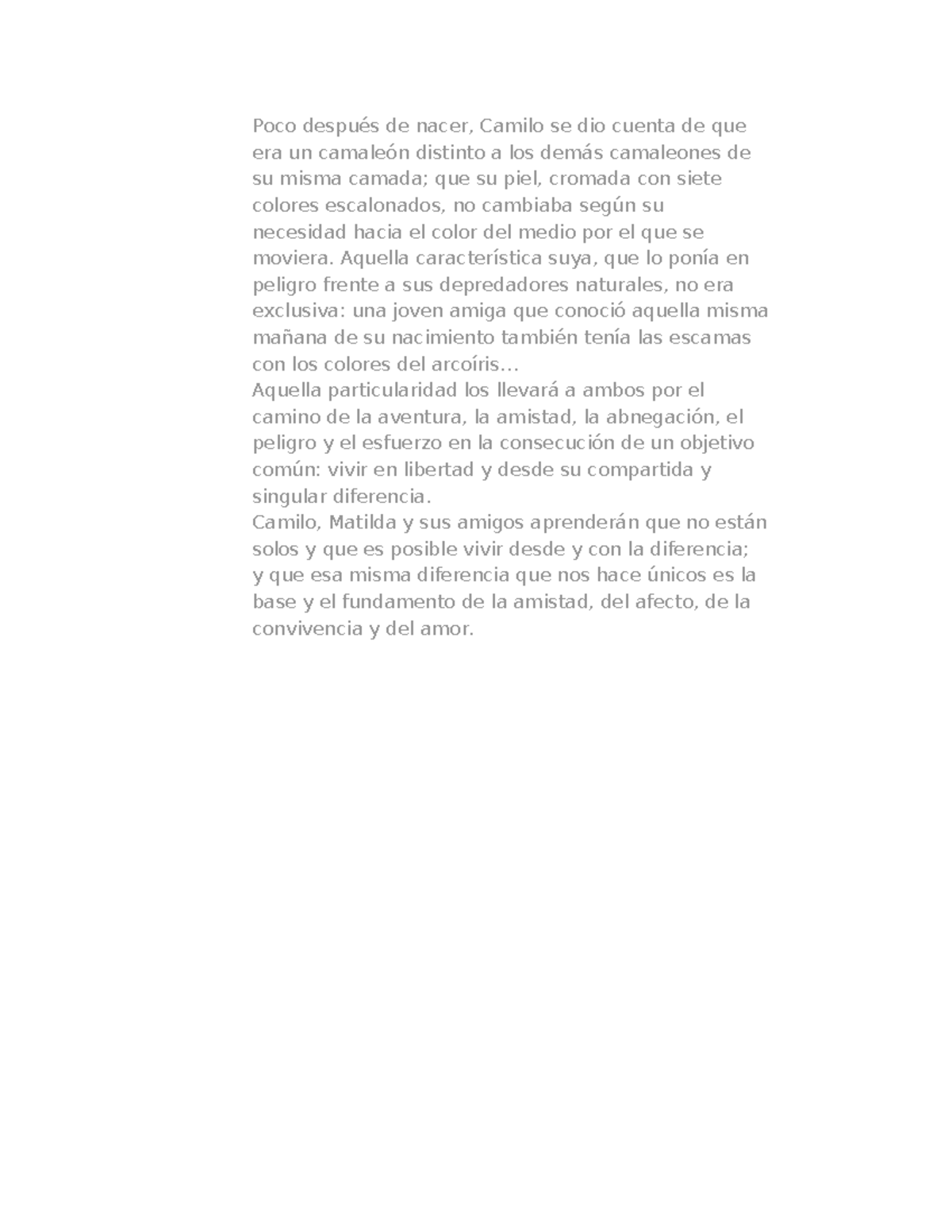 Cuento de Camilo el Camaleón: Aventura y Amistad en la Diferencia - Studocu