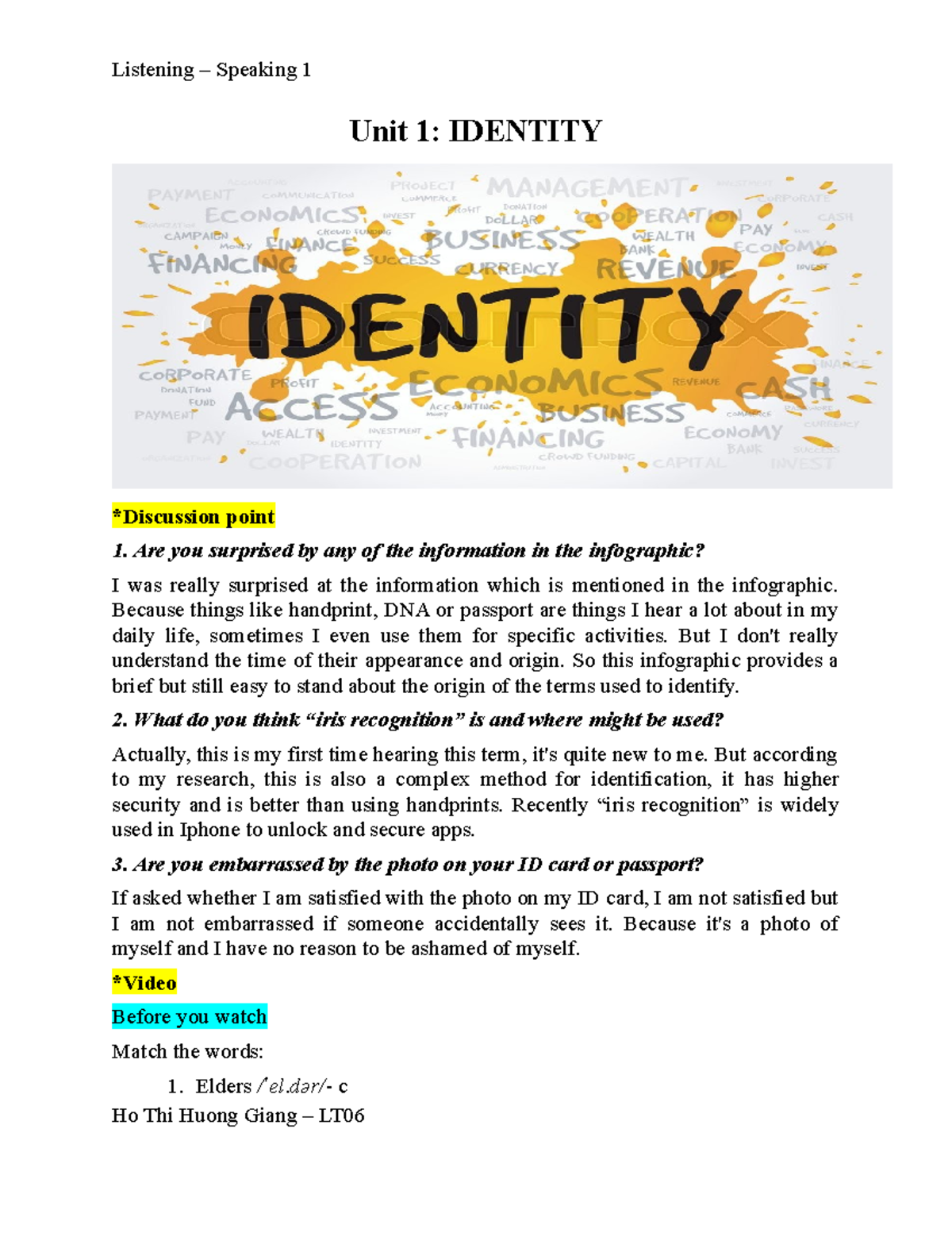 Unit 1: Identity Discussion and Listening Activities in English - Studocu