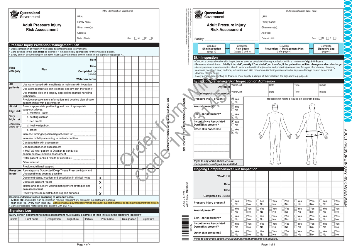 SW380: Adult Pressure Injury Risk Assessment Plan and Management - Studocu