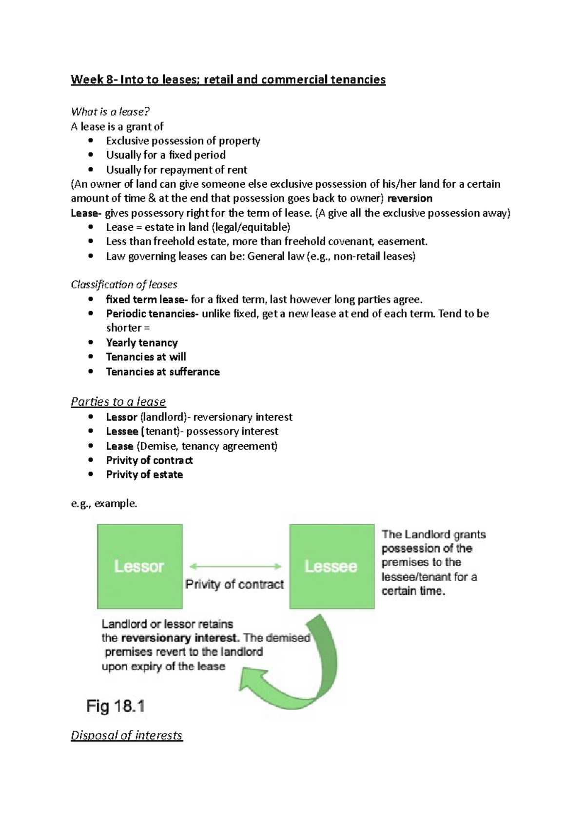 Leases lecture notes part 1 & 2 - Week 8- Into to leases; retail and ...