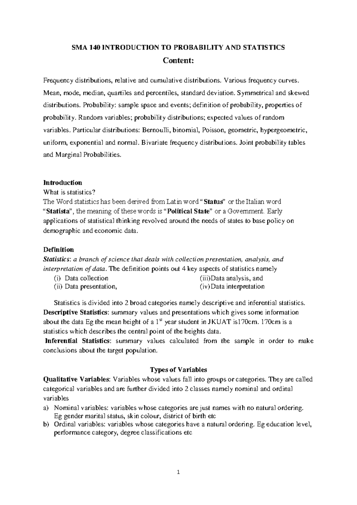 Introductory Statistics - SMA 140 INTRODUCTION TO PROBABILITY AND ...