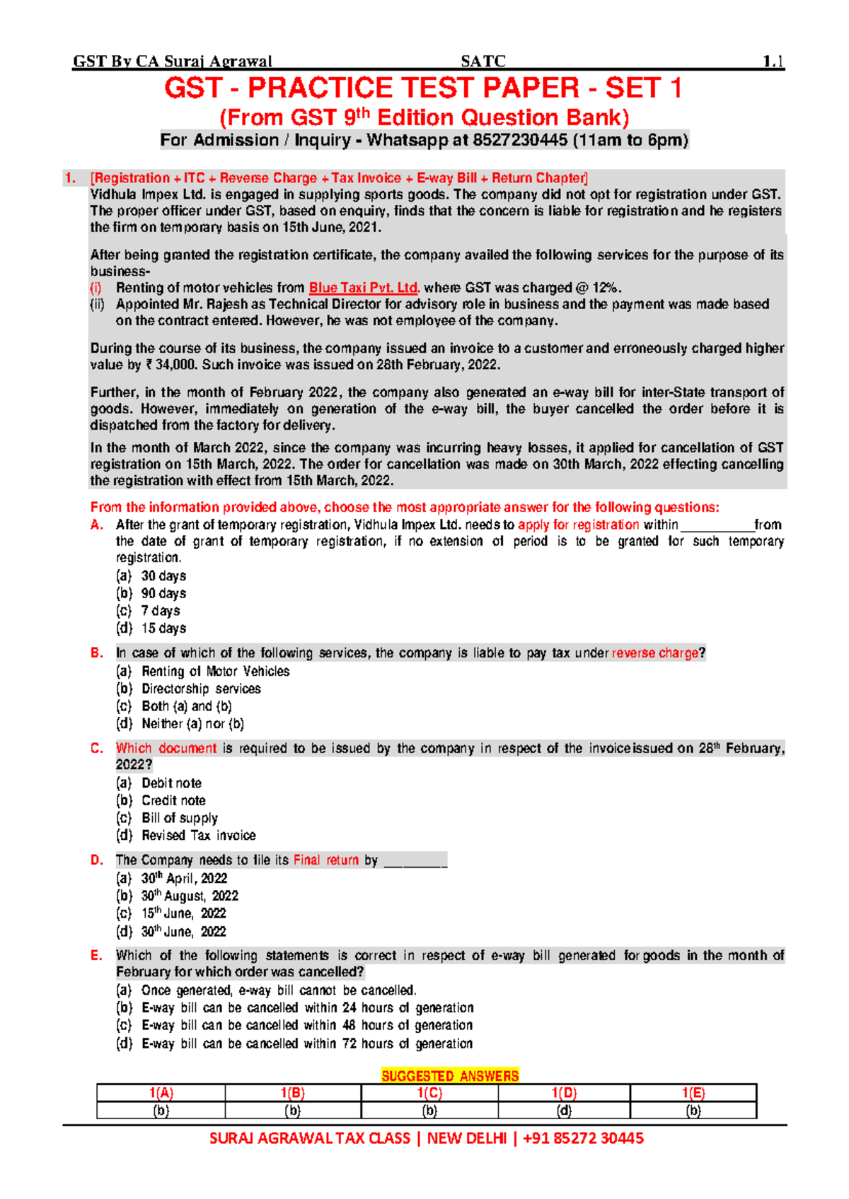 GST Practice Set 1 - Questions & Solutions (9th Edition) - Studocu