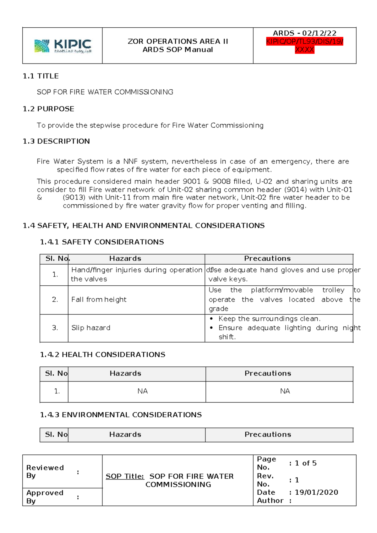 ARDS ZOR OPERATIONS AREA II SOP for Fire Water System Commissioning ...