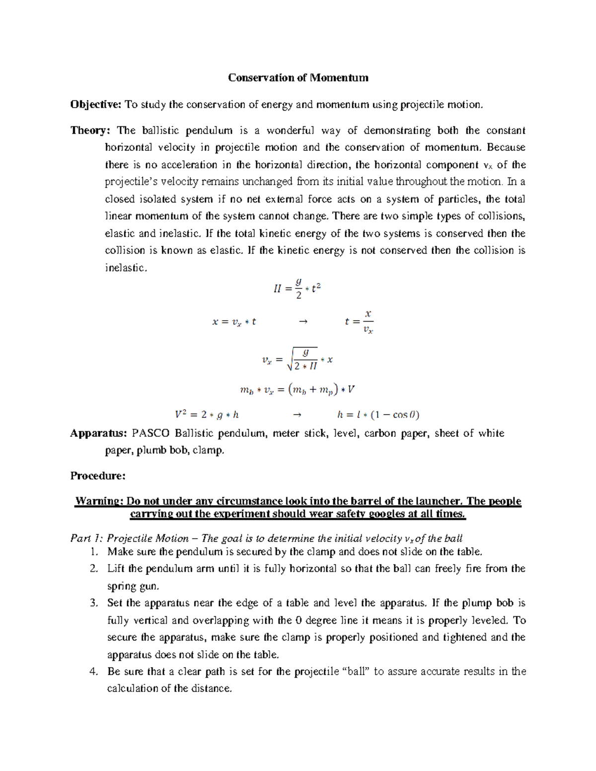 6-Physics Lab: Conservation of Momentum with Ballistic Pendulum - Studocu