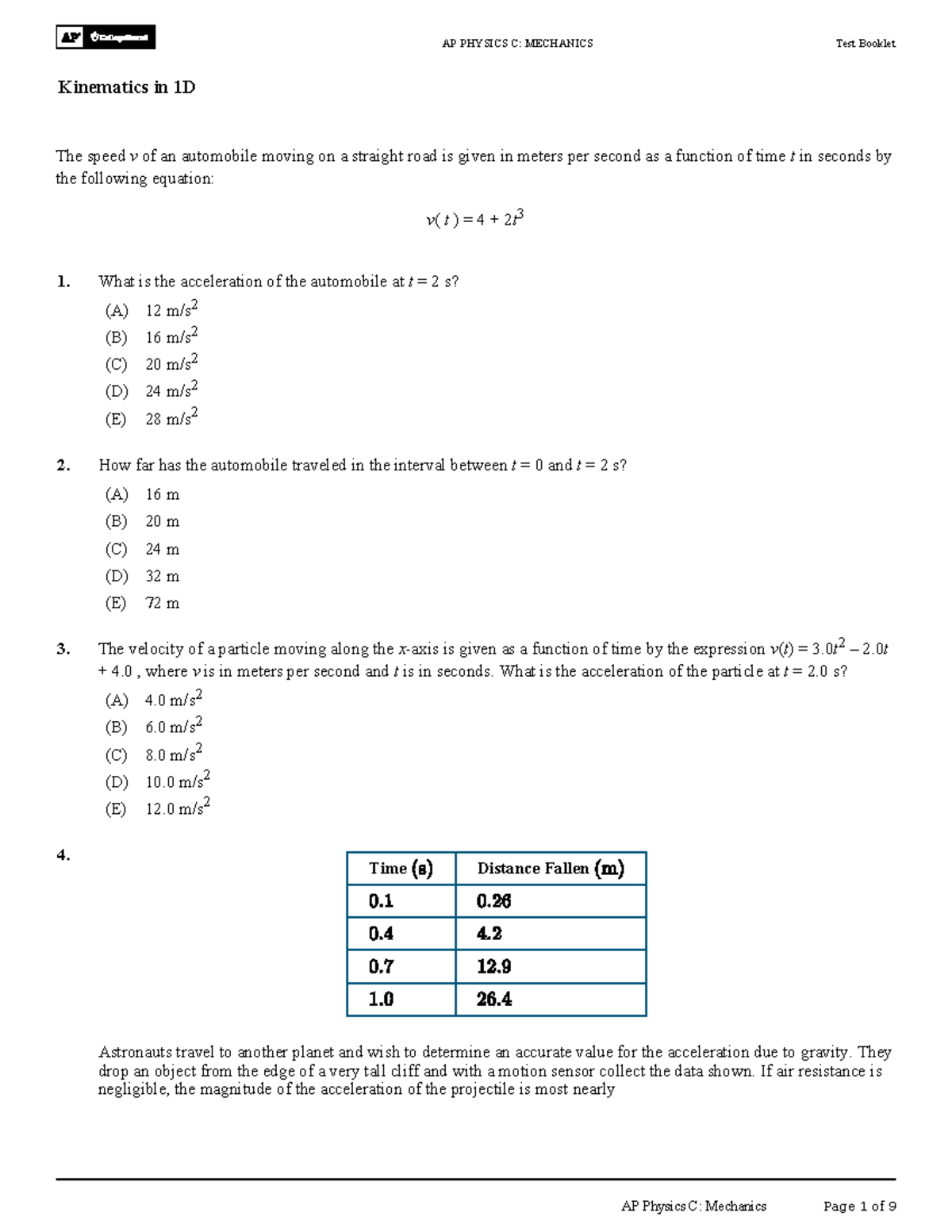 AP PHYSICS C: MECHANICS Kinematics in 1D Quiz Questions - Studocu