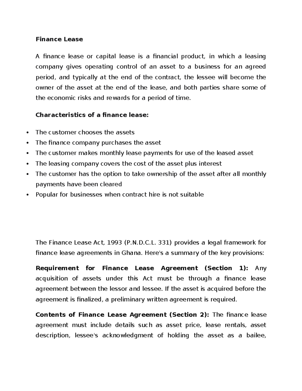 Finance Lease - Summary of Legal Provisions and Characteristics - Studocu