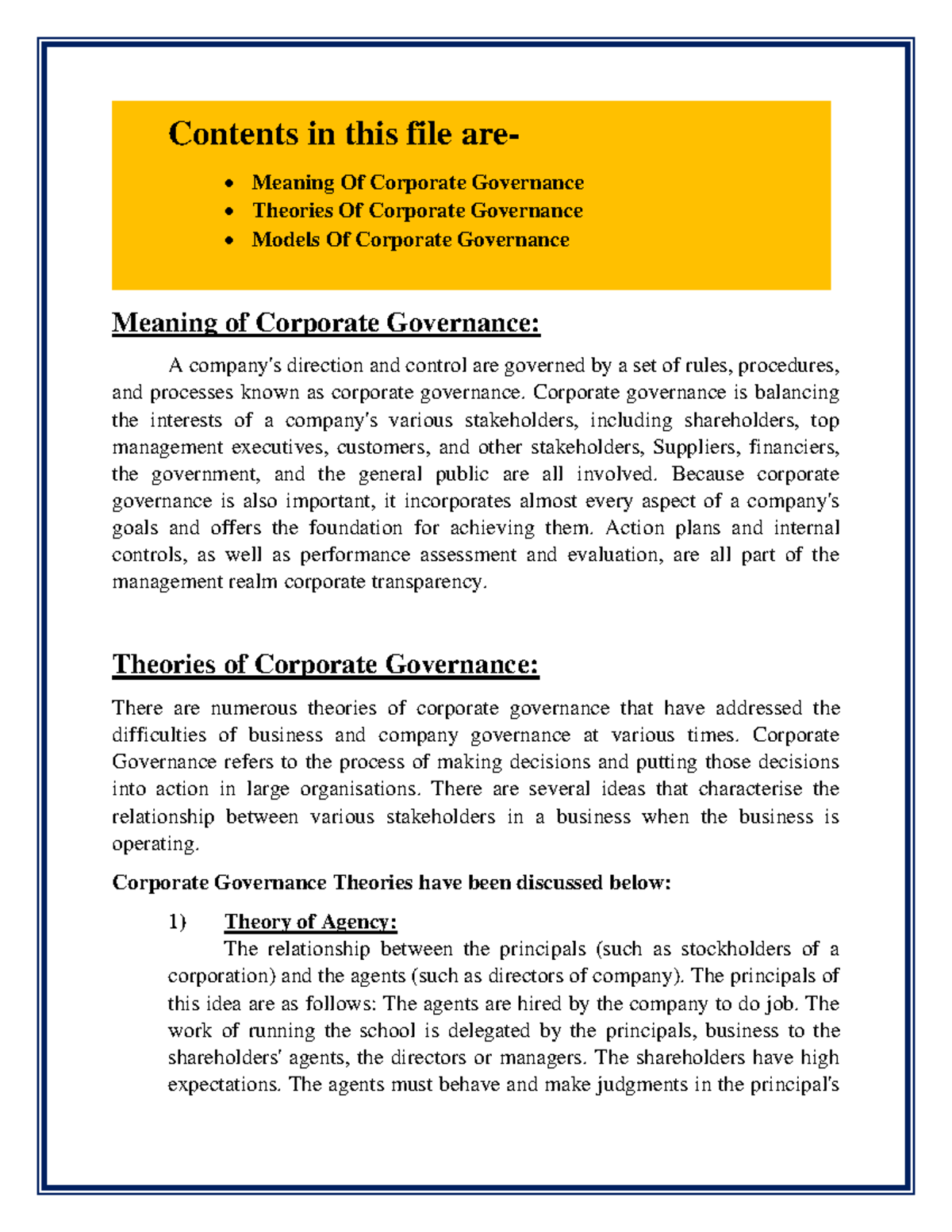 Corporate Governance: Key Concepts, Theories & Models Explained - Studocu