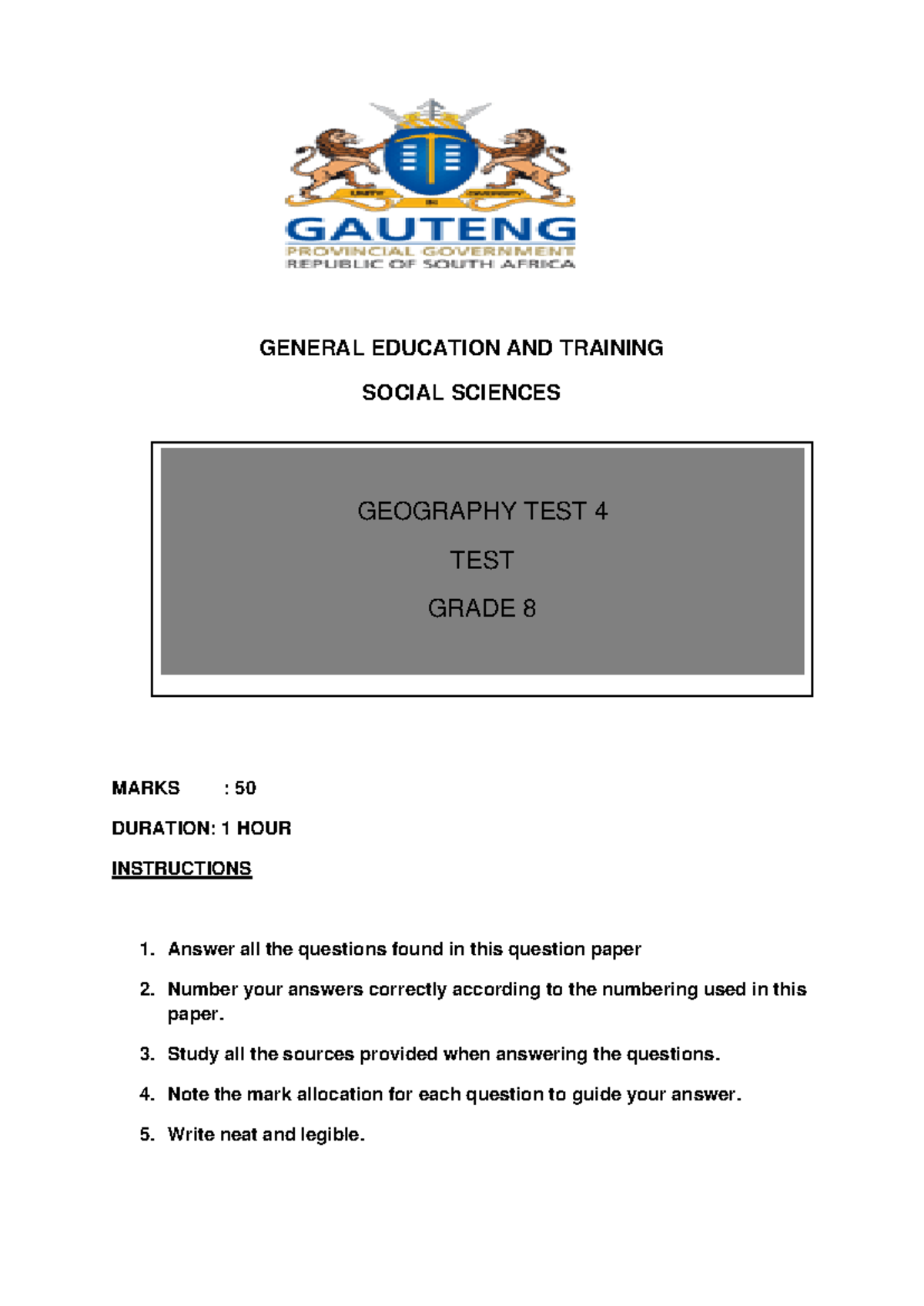 Grade 8 Social Sciences Term 1 Geography Exemplar Test 4 - Studocu