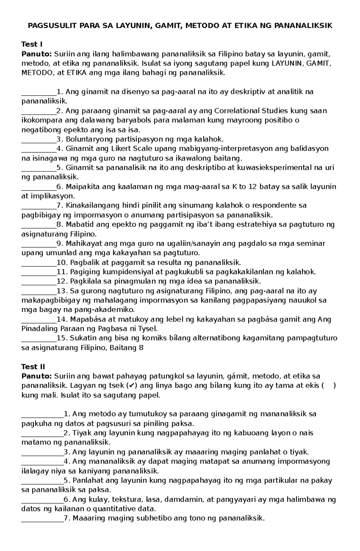 Pagsusulit sa Layunin, Gamit, Metodo, at Etika ng Pananaliksik (Fil 101 ...