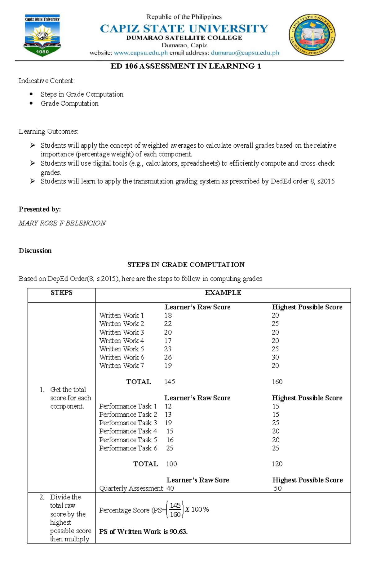 Steps IN Grade Computation( Belencion) - ED 106 ASSESSMENT IN LEARNING ...