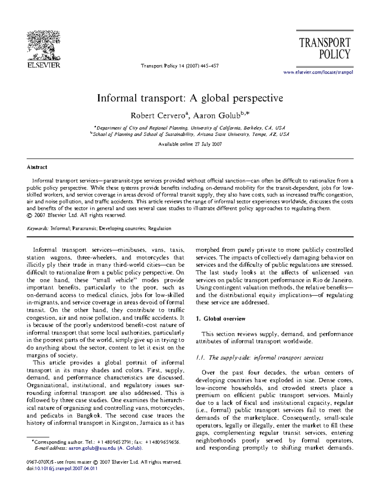 Cervero & Golub 2007 - Informal Transport: Global Perspectives & Case ...