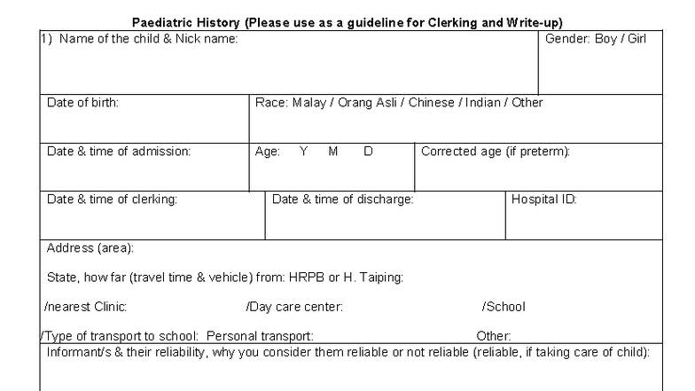 Paediatric History Taking Guidelines for Clerking (Course Code: Hx ...