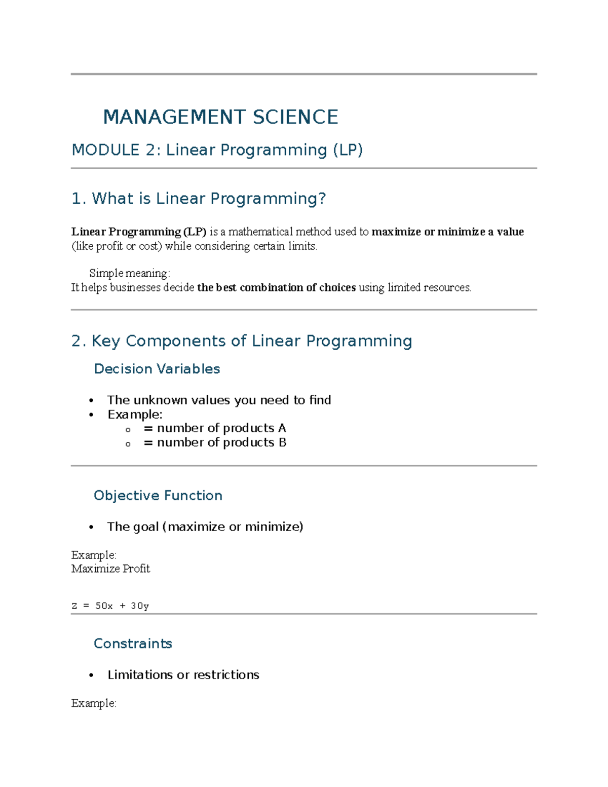 MS2: Linear Programming Overview and Applications in Management Science ...