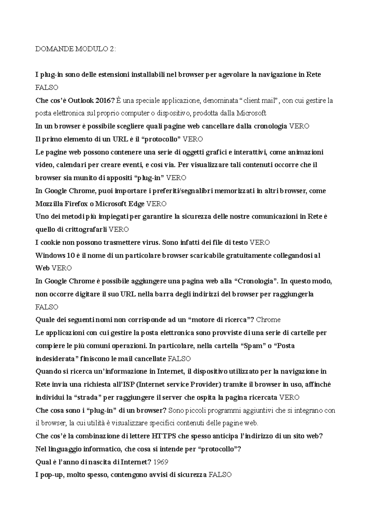 Domande e Risposte Modulo 2 EIPASS: Navigazione e Strumenti Web - Studocu