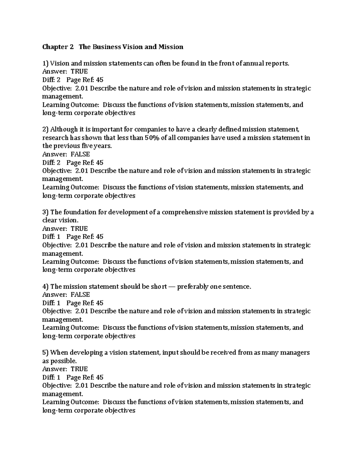 Chapter 2: Understanding Business Vision and Mission in Strategy - Studocu