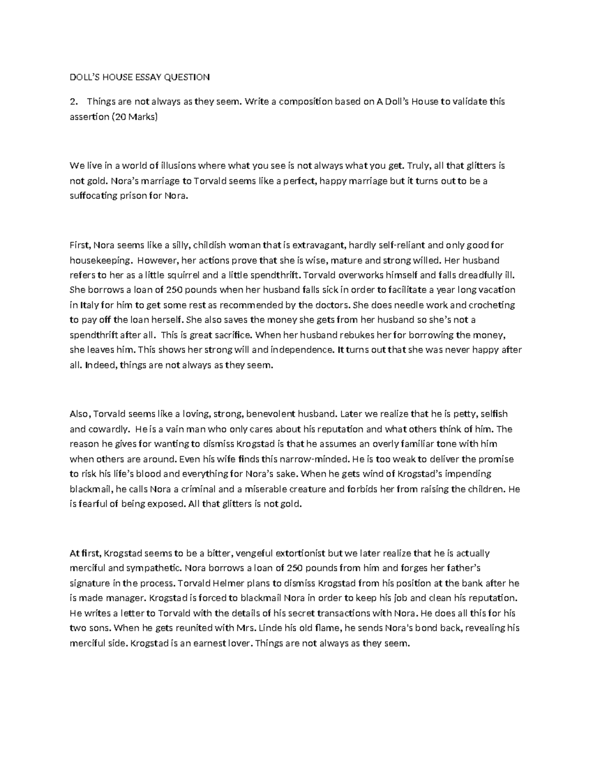 DOLL’S House ES-WPS Office - DOLL’S HOUSE ESSAY QUESTION Things are not ...