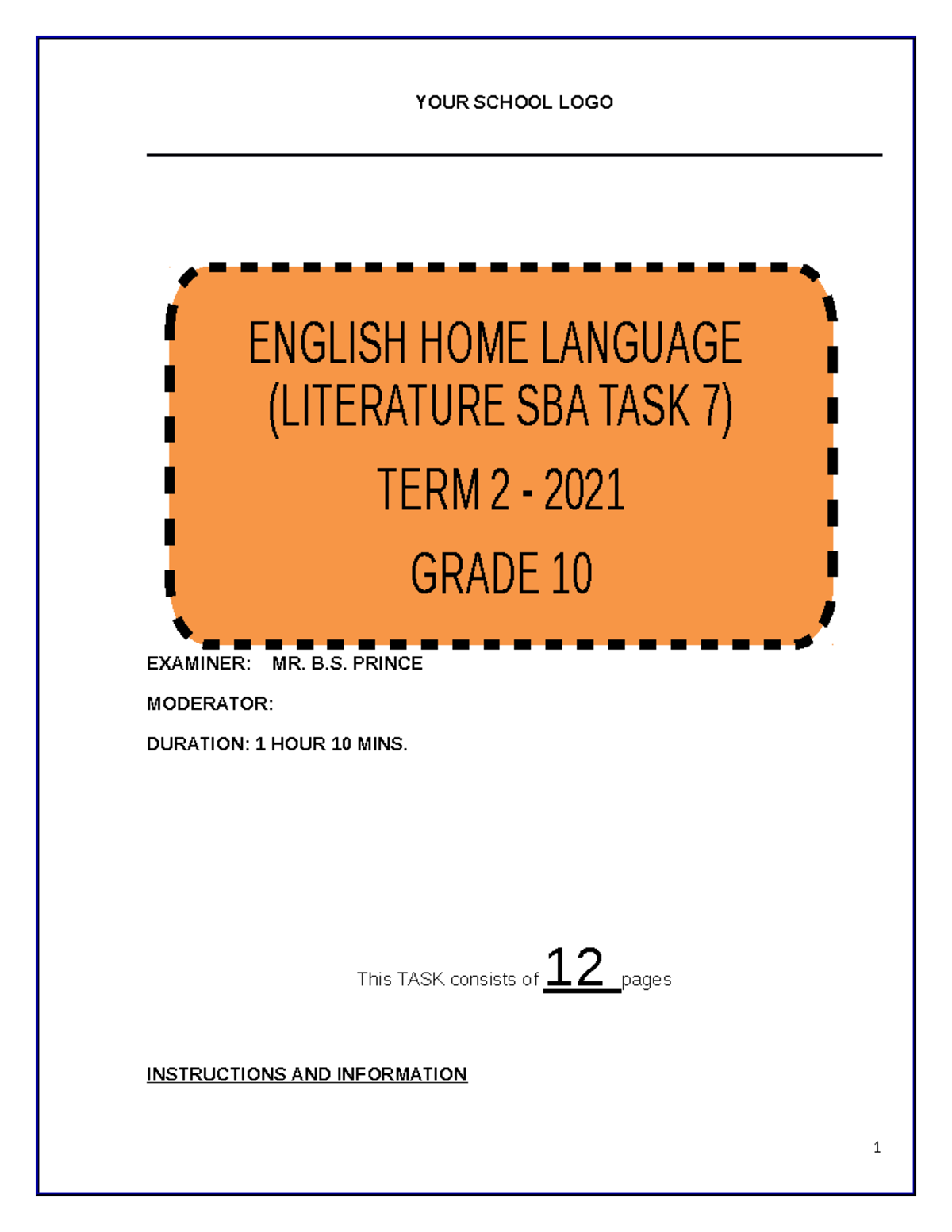 GR - Grade 10 English Home Language Term 2 - Literature Task 7 Past ...