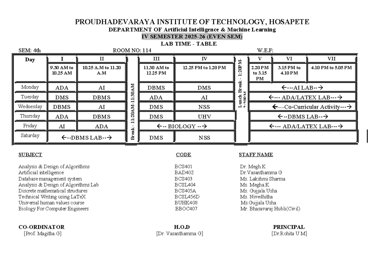 4th Sem AIML Lab Time Table (2025-26) - Room 114 - Studocu
