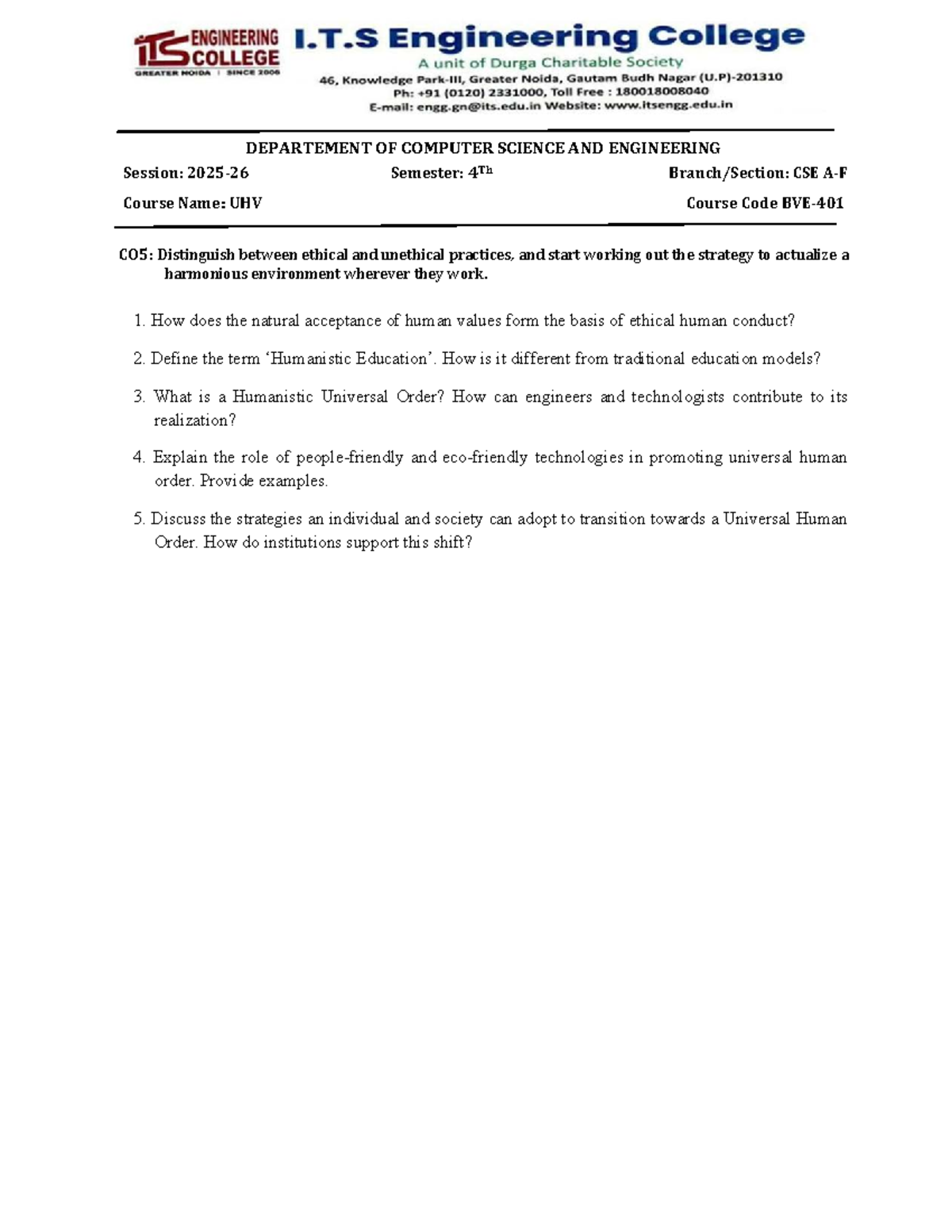 UHV CO5 Assignment 5: Ethical Practices & Human Values in Engineering ...