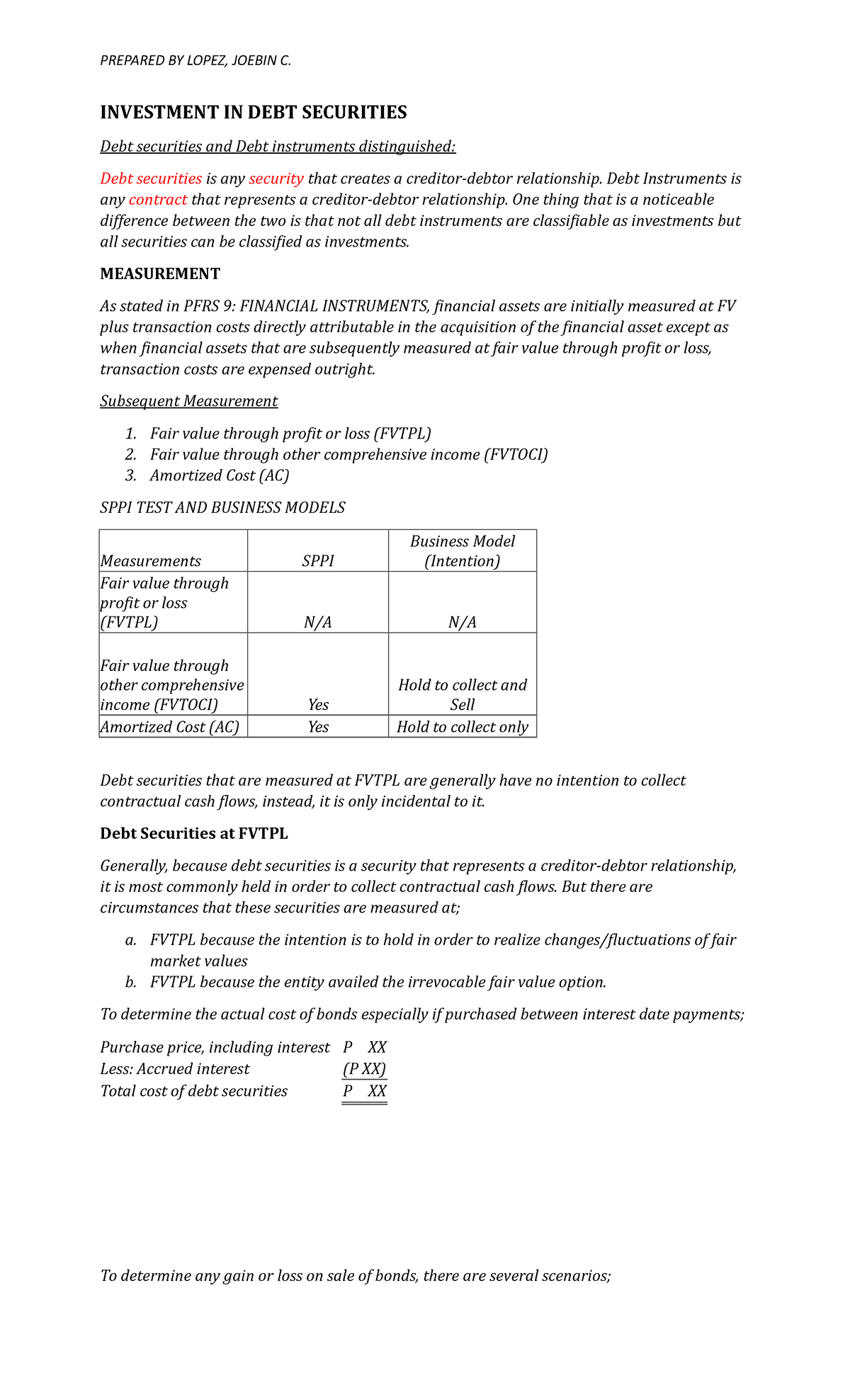 Investment IN DEBT Securities (FAR) summary - INVESTMENT IN DEBT ...