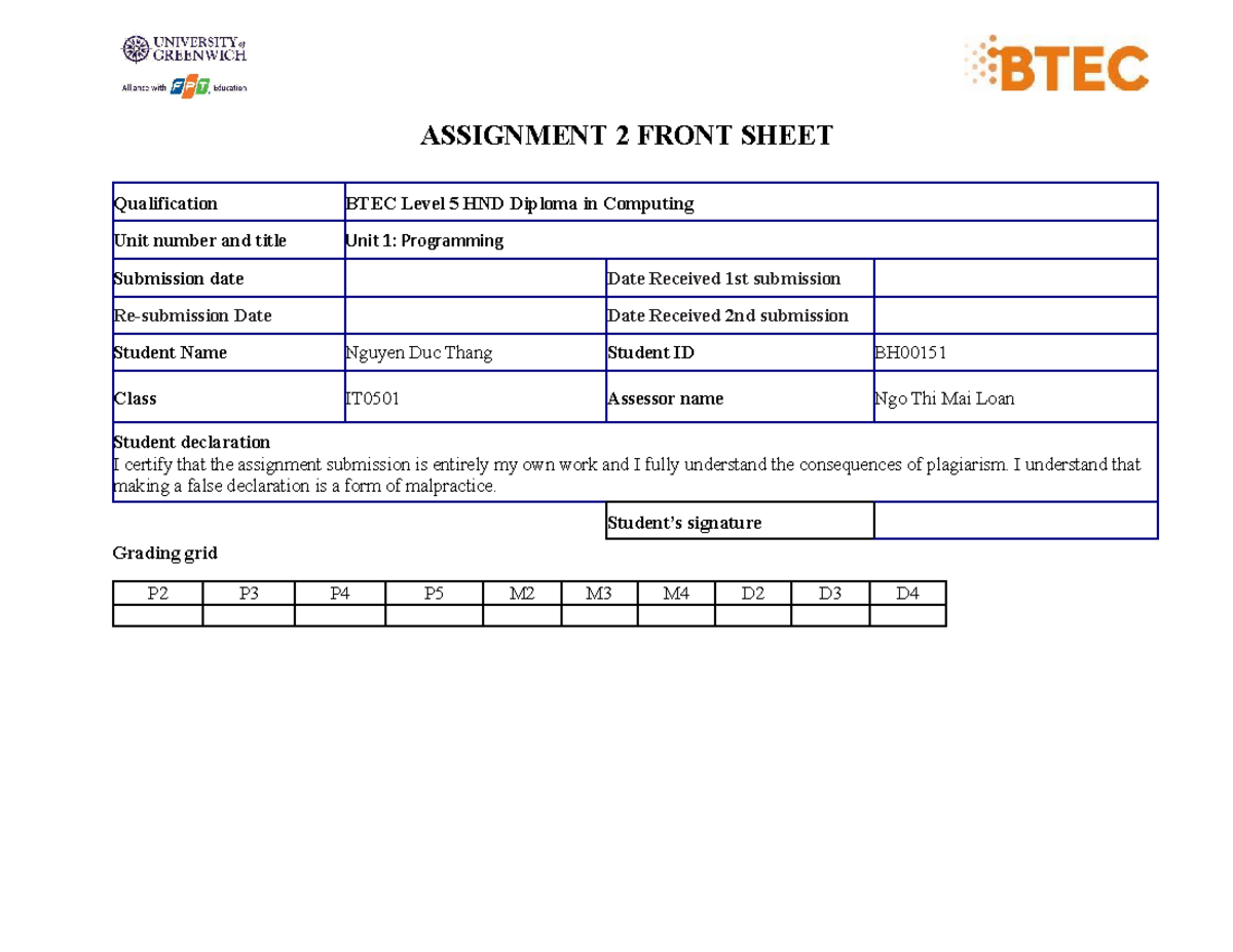 Unit 1 - Assignment 2 frontsheet - ASSIGNMENT 2 FRONT SHEET Qualification BTEC Level 5 HND ...