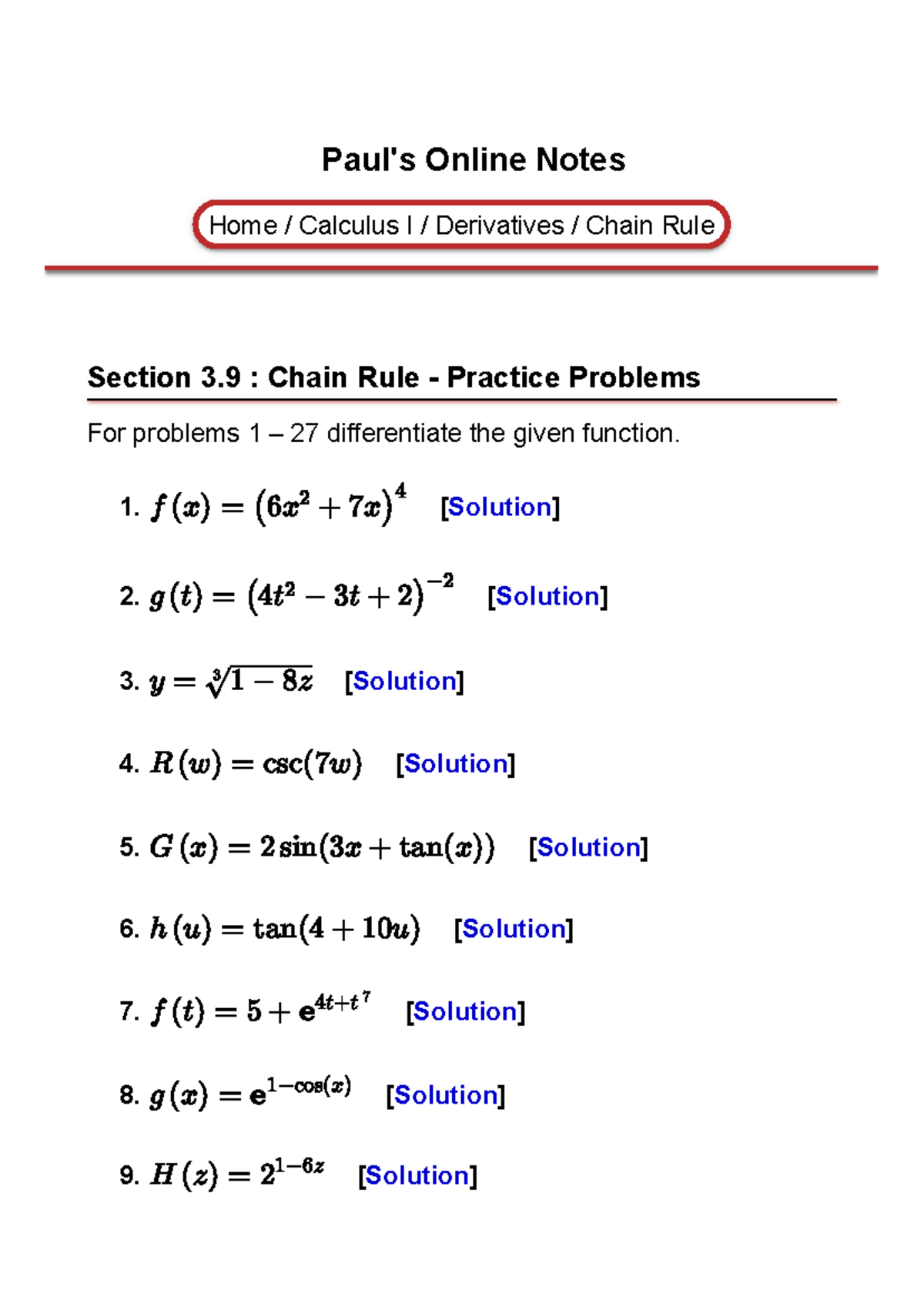 Calculus I - Chain Rule Practice Problems (Section 3.9) - Studocu