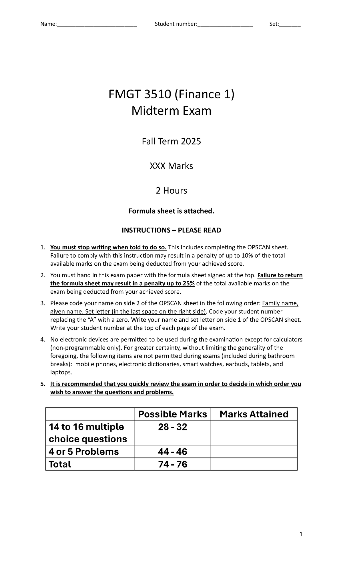 FMGT 3510 Midterm Exam Fall 2025: Cover & Formula Sheet - Studocu