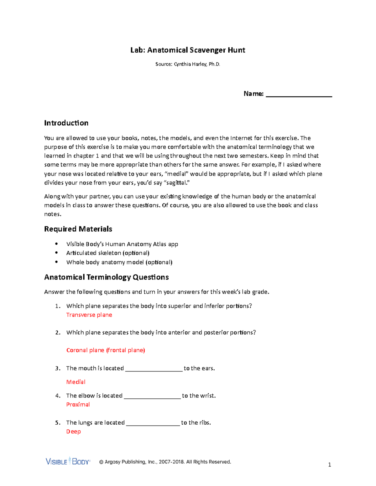 Lab - Anatomical Scavenger Hunt Answers for CI 101 - Studocu
