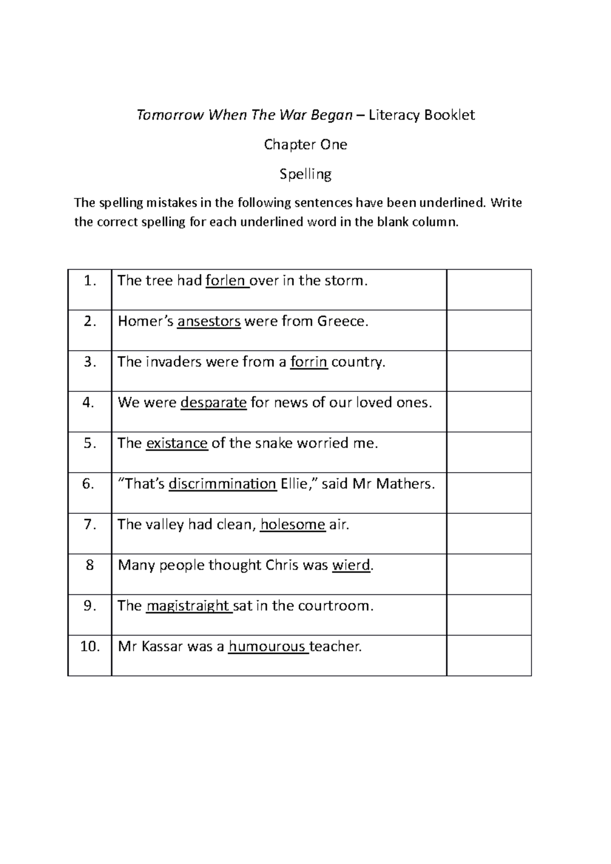 TWTWB Literacy Booklet Chapter 1 - Tomorrow When The War Began ...
