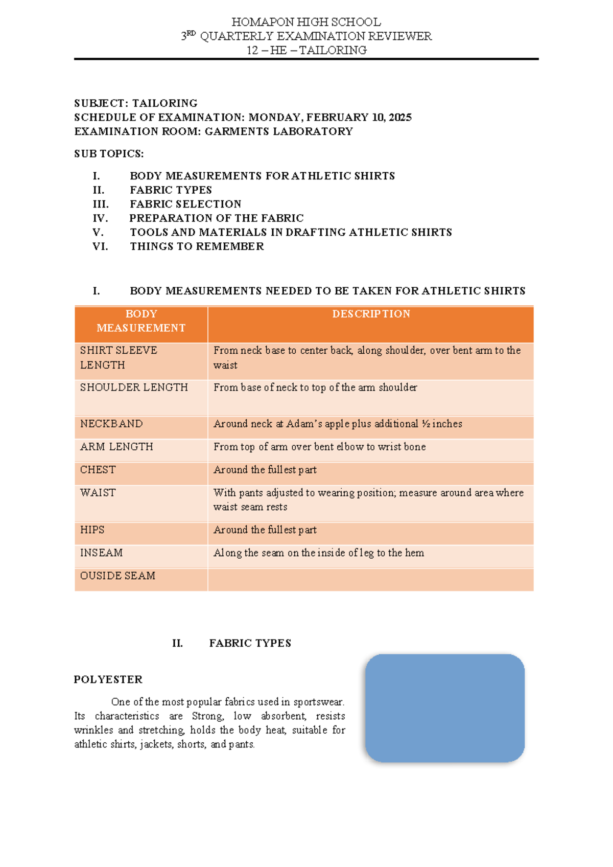 Reviewer - 3 RD QUARTERLY EXAMINATION REVIEWER 12 – HE – TAILORING ...