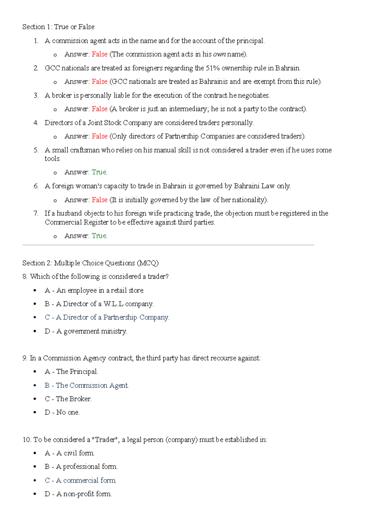 Law238 - Med: True/False & MCQ Practice Questions - Studocu