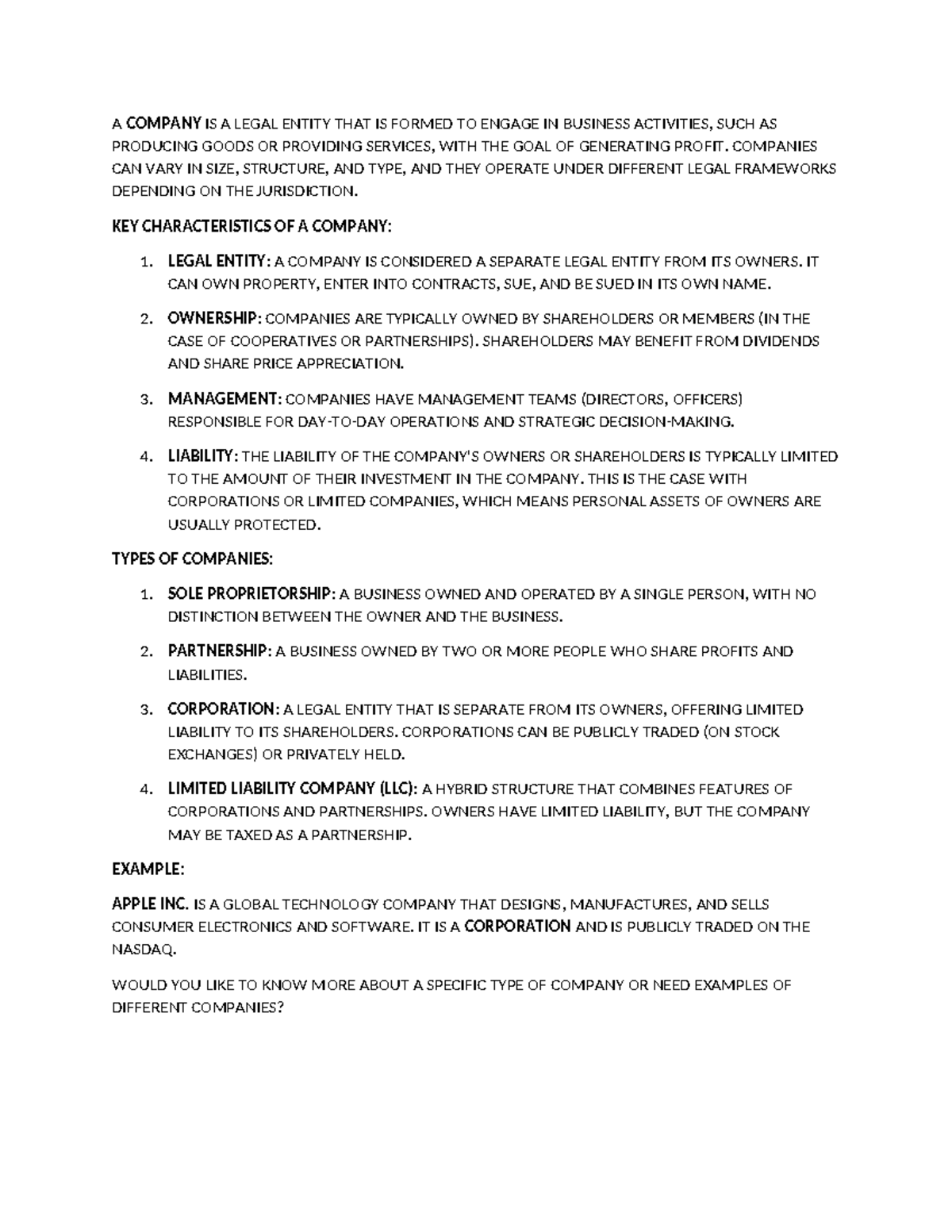 Company - study - A COMPANY IS A LEGAL ENTITY THAT IS FORMED TO ENGAGE ...