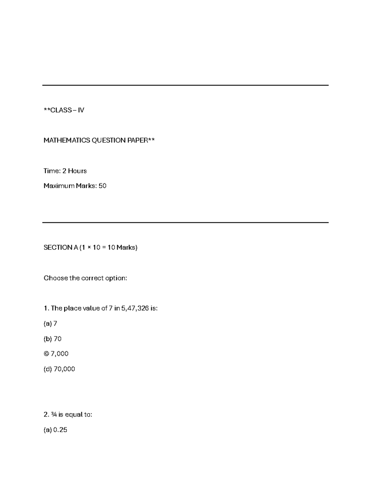 IV Mathematics Question Paper - 2 Hours, Max Marks: 50 - Studocu
