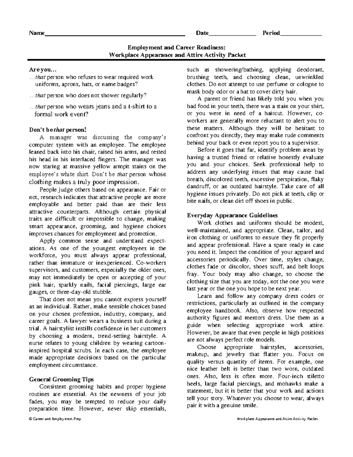Workplace Appearance & Attire Guidelines - Career Readiness Activities ...