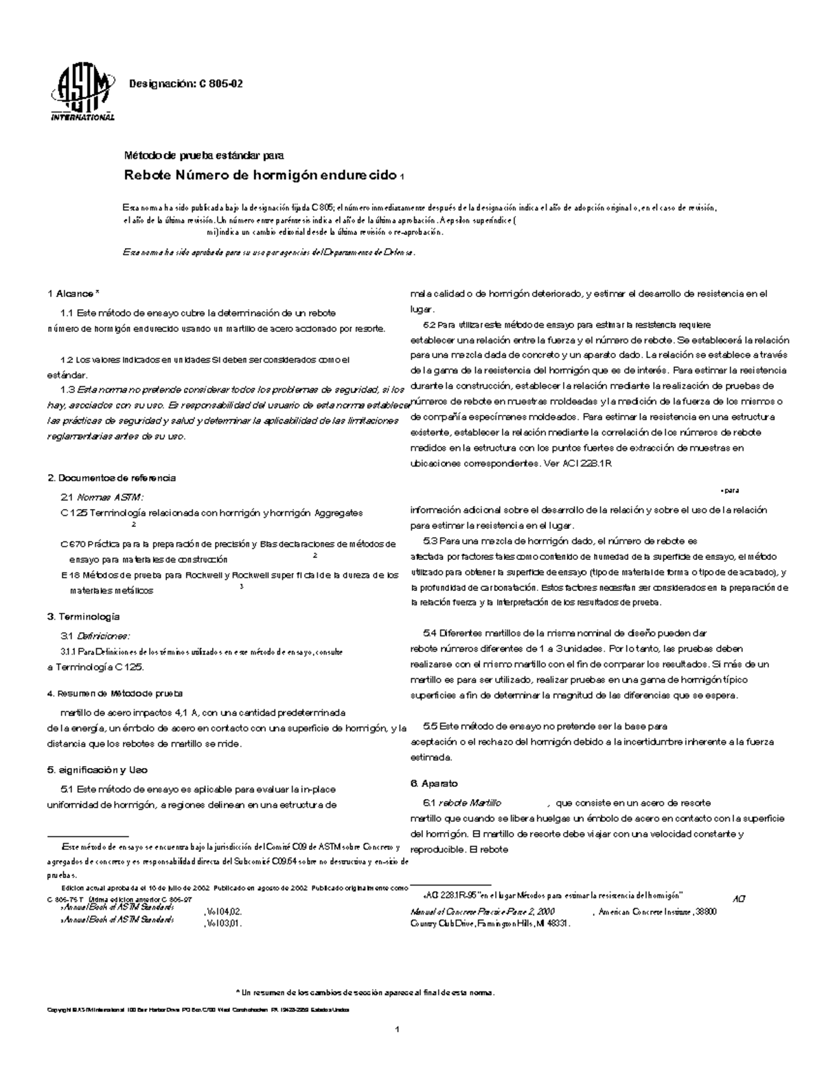 Método de ensayo estándar ASTM C805 para rebote del hormigón - Studocu