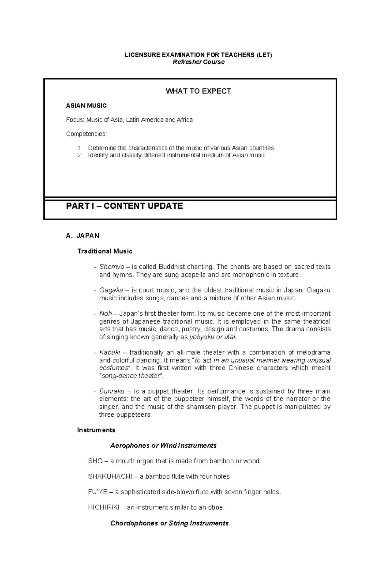 Music of Asia: A Comprehensive Guide for LET Refresher Course - Studocu