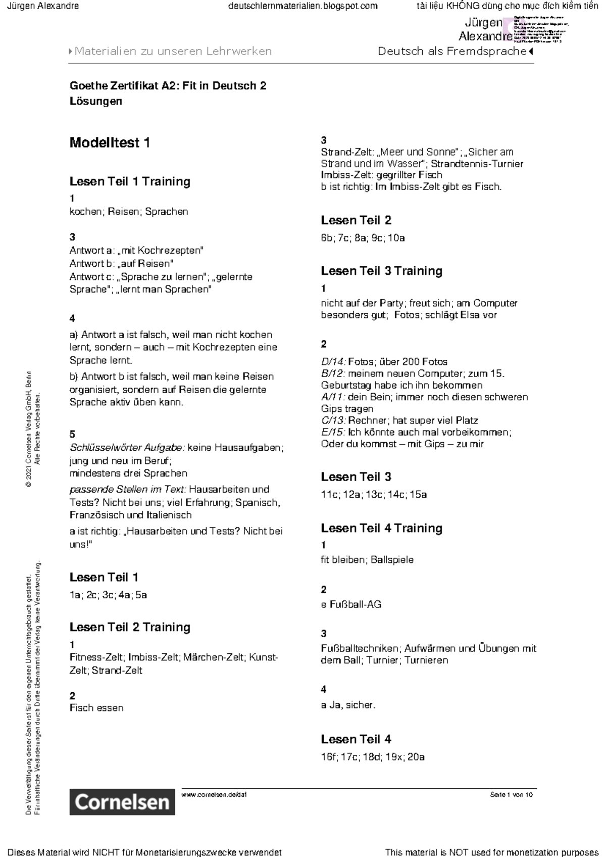 Deutsch als Goethe Zertifikat A2: Fit in Deutsch 2 Lösungen ...