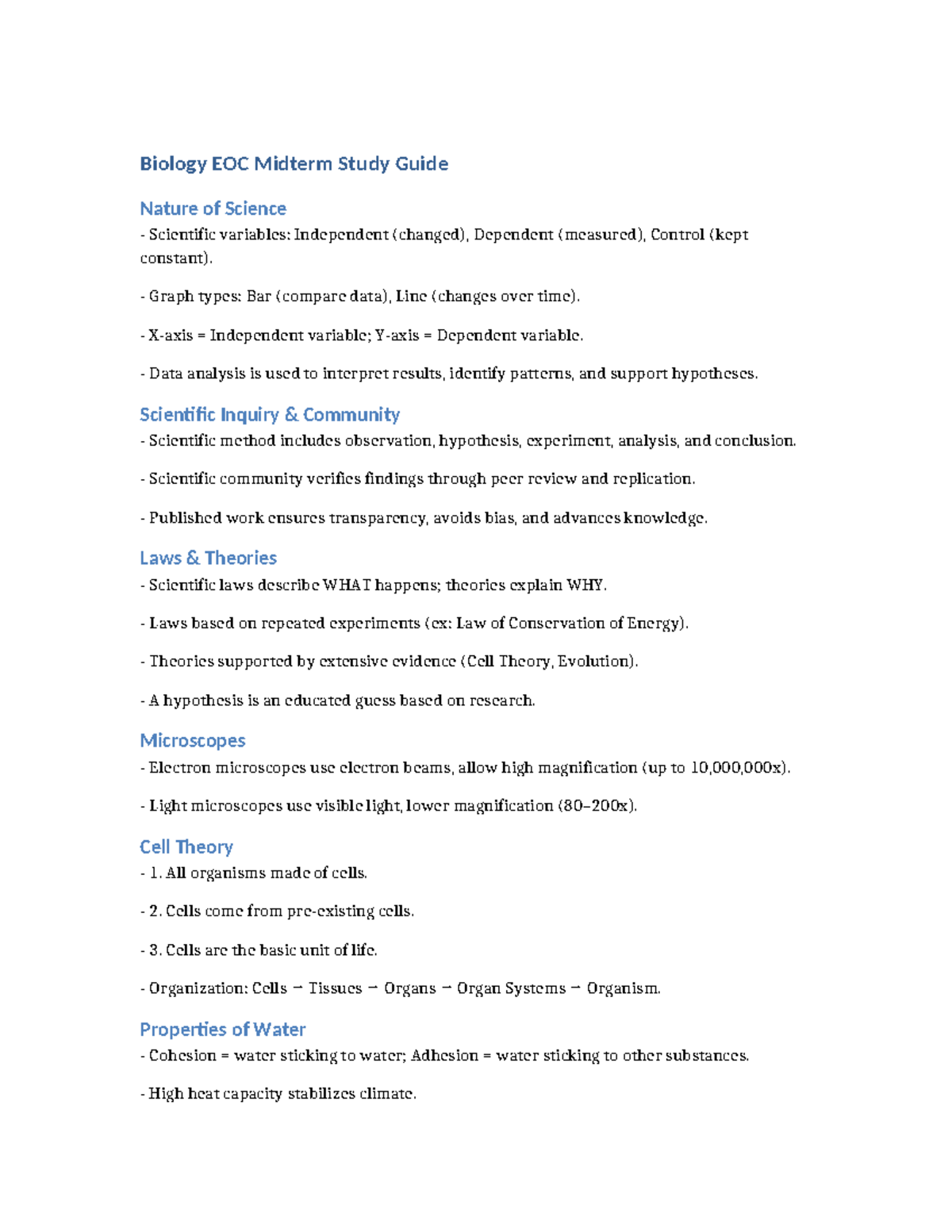 Biology EOC Midterm Study Guide: Nature of Science & Key Concepts - Studocu