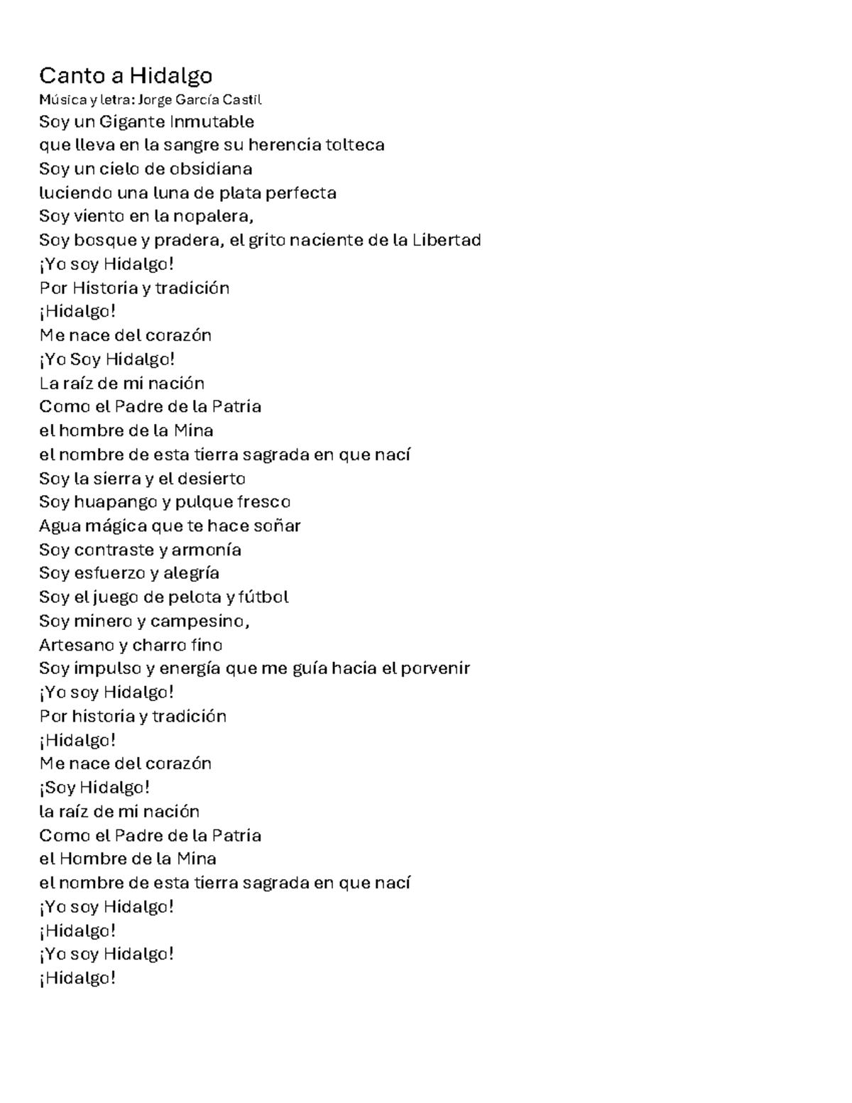 Canto a Hidalgo: Poema y Música de Jorge García Castil - Studocu
