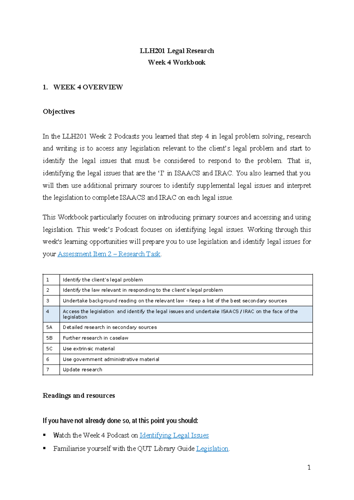 LLH201 Legal Research Week 4: Identifying Legal Issues Workbook - Studocu