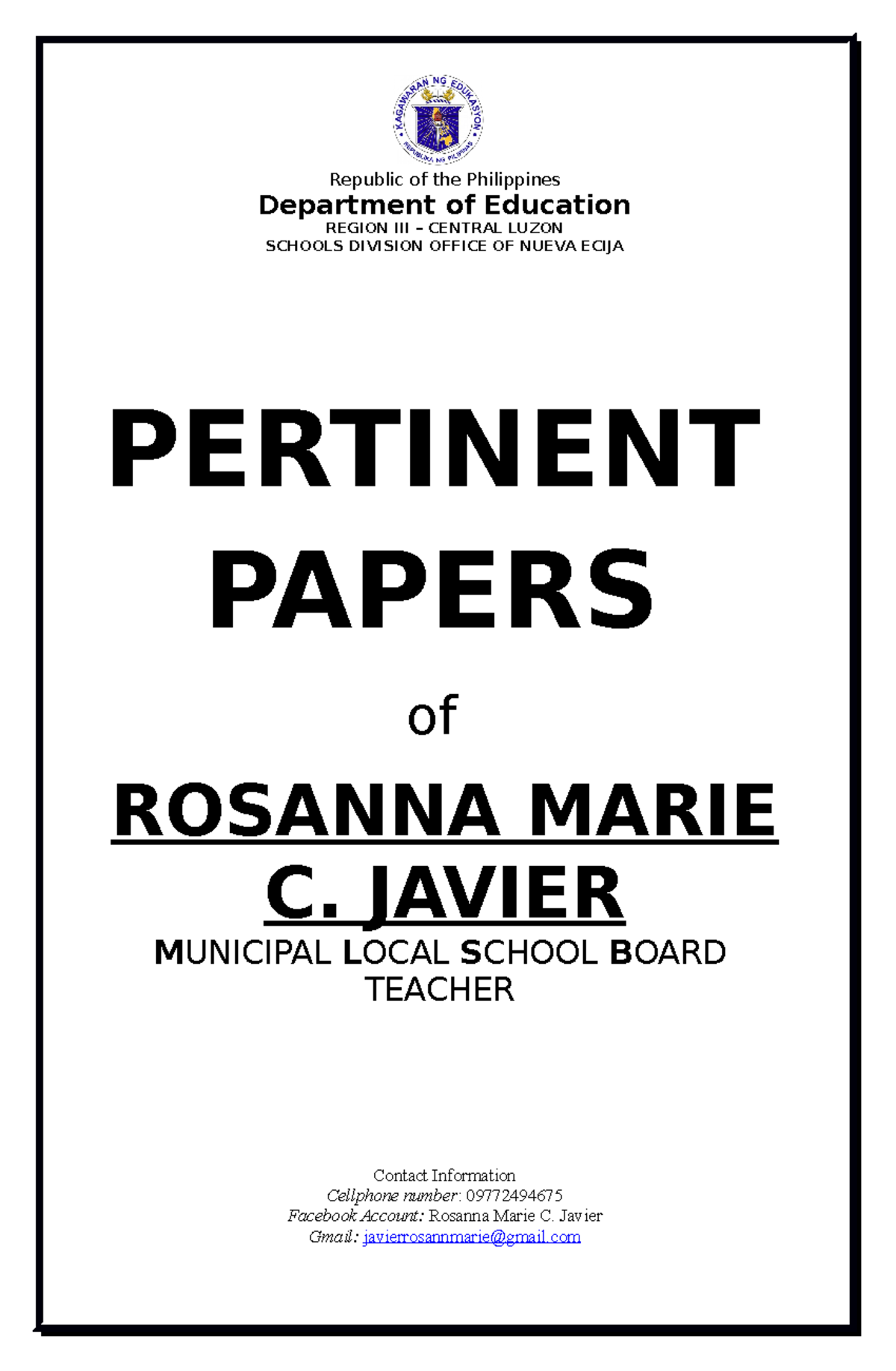 Pertinent Papers and Table of Contents for Applicant Documentation ...